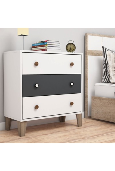 Bimossa Inka 3 Çekmeceli Şifonyer Beyaz Antrasit
