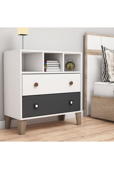 Bimossa Maya Raflı Çekmeceli Şifonyer Beyaz Antrasit