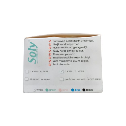 Soly Care Tek Kullanımlık Üç Katlı Cerrahi Maske Telli 50 Fiyatı