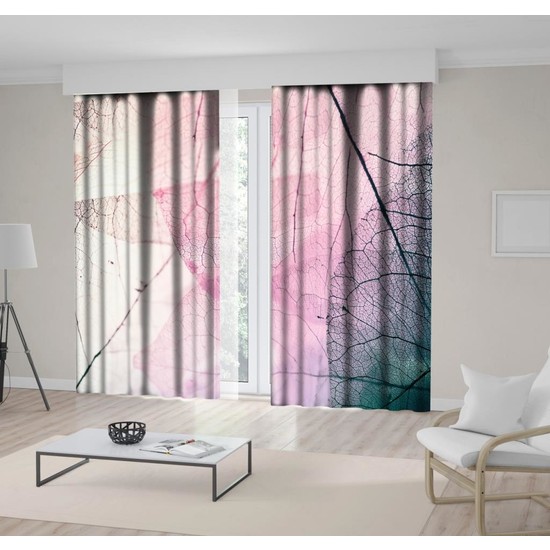 Henge Damarlı Yaprak Desenli Pembe Fon Perde 300 x 160 cm Fiyatı