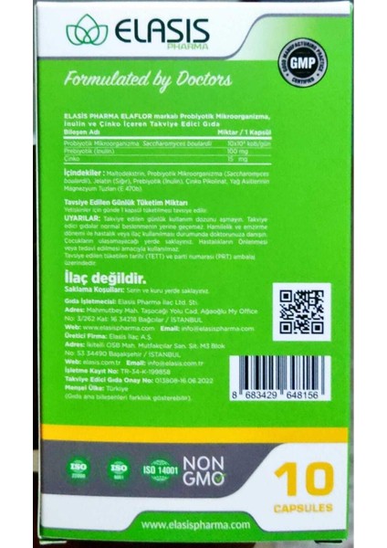 Elasis Pharma Elasis Elaflor 10 Kapsul Inulın ve Çinko Fiyatı