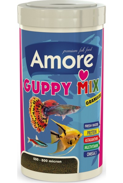 Amore Guppy Mix Granules 250 ml Astaxanthin ve Algea Tropical Lepistes Melek Tetra Tropikal Balık Yemi Amore Guppy Mix Granules 250 ml Astaxanthin ve Algea Tropical Lepistes Melek Tetra Tropikal Balık Yemi