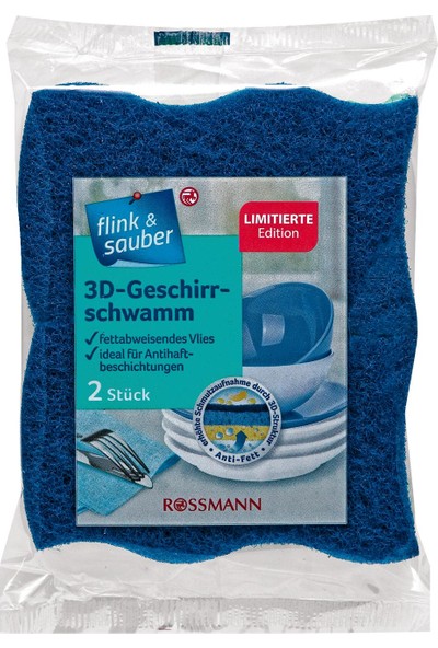 Flink & Sauber Bulaşık Süngeri 3D 2'li Ovalama Fiberi Mavi Flink & Sauber Bulaşık Süngeri 3D 2'li Ovalama Fiberi Mavi