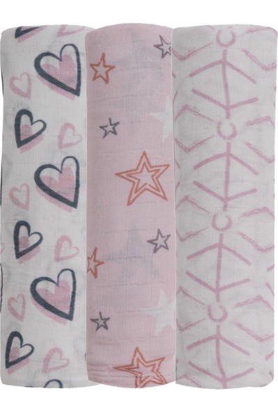 Posh Baby 3'lü Örtü Pembe Yıldız - Pembe Çöp Adam - Kalp 3003-04