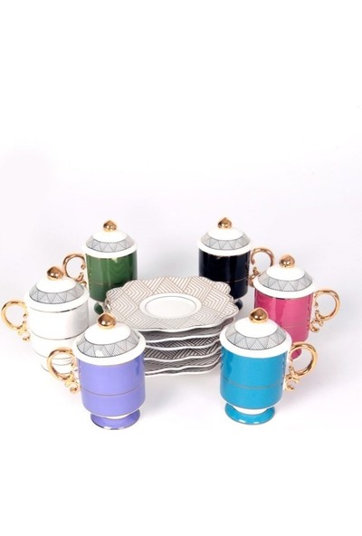 Arow Kahve Fincan Takımı Renkli Kapaklı 6'lı