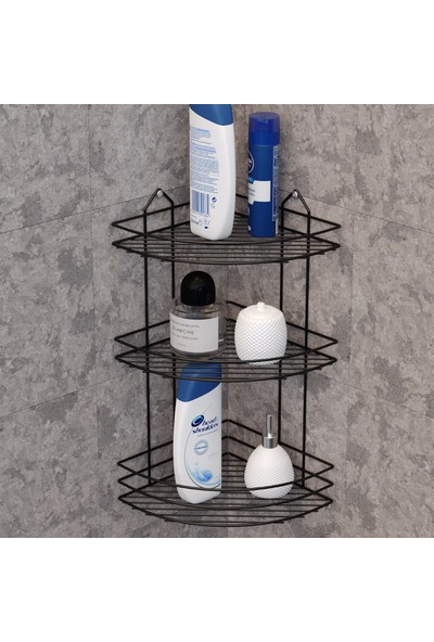 Tekno-tel 3 Katlı Banyo Köşe Rafı Siyah Bk003