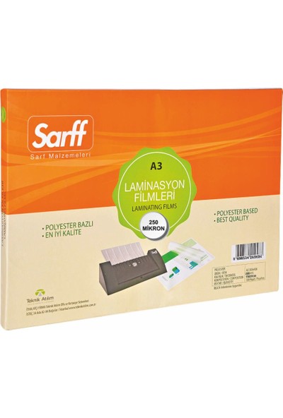 Sarff 250 Mikron Parlak A3 Pvc Laminasyon Filmi 50'li