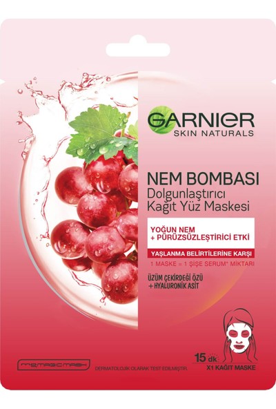 Garnier Nem Bombası Dolgunlaştırıcı Üzüm Çekirdeği Özlü Kağıt Yüz Maskesi