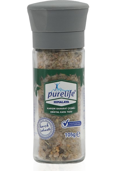 Purelife Himalaya Tuzu - Baharatlı Kristal Kaya Tuzu Çeşni - Cam Şişe Seramik Değirmenli 105g