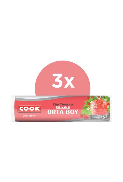 Cook 15'li Büzgülü Çöp Torbası Çilek Kokulu Orta Boy 55 x 60 cm 3'lü Paket