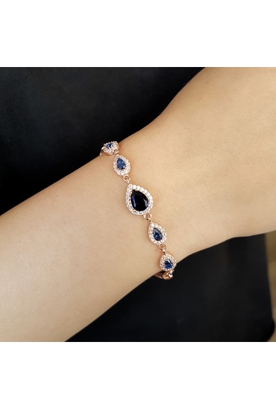 Gümüş Pazarım Safir Taşlı Damla Kesim Gümüş Bileklik