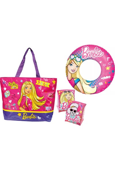 Barbie Yüzme Seti Deniz ve Havuz Çocuk Can Simidi Şişme Kolluk ve Plaj Çantası