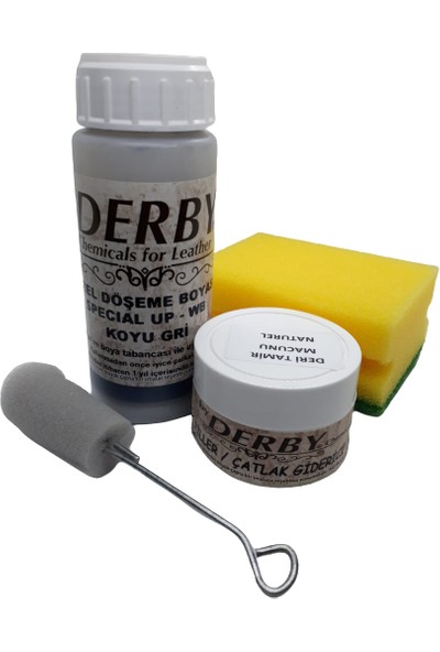 Derby Koyu Gri Oto Döşeme Boyası ve Natural Deri Tamir Macunu Derby Koyu Gri Oto Döşeme Boyası ve Natural Deri Tamir Macunu