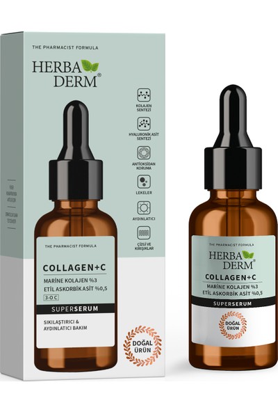 Herbaderm Superserum Collagen+Vitamin C (Marine Kolajen %3, Etil Askorbik Asit %0,5) 30 ml Herbaderm Superserum Collagen+Vitamin C (Marine Kolajen %3, Etil Askorbik Asit %0,5) 30 ml