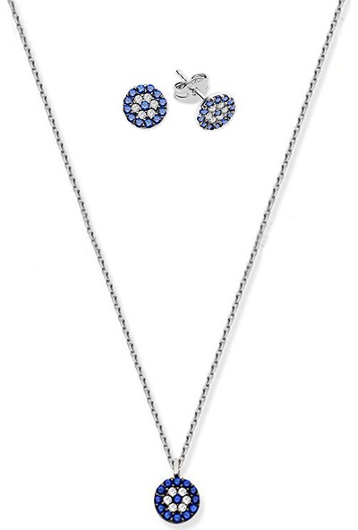 Minimal Nazarlı Kolye Küpe Gümüş Set