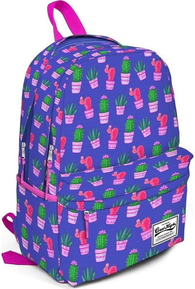 Coral High Üç Gözlü Mavi Pembe Saksıda Kaktüs Desenli Okul ve Günlük Sırt Çantası 15,6 Inc Laptop Bölmeli