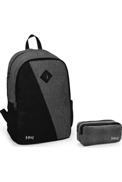 iBag 14319 Kız ve Erkek Okul Sırt Çantası ve Kalemlik Seti Gri Siyah