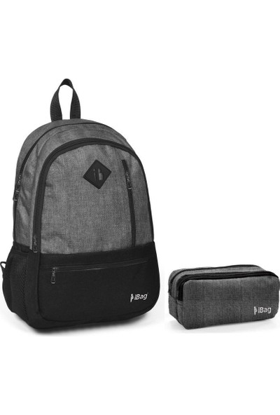 iBag 14343 Erkek Çocuk İlkokul Sırt Çantası ve Kalemlik Seti Gri Siyah