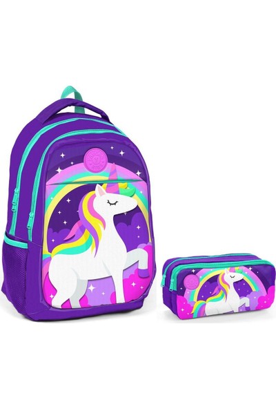Yaygan Unicorn Baskılı Kız Çocuk İlkokul ve Ortaokul Çanta Seti Mor