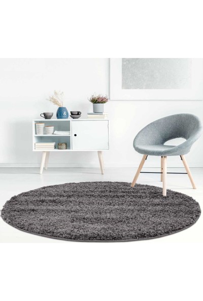 Ponciko Düz Renk Yuvarlak Gri Shaggy Halı 120 x 120 cm