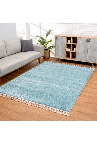 Ponciko Yumuşak Dokulu Düz Desenli Mavi Renk Pulpy Shaggy Halı 80 x 150 cm