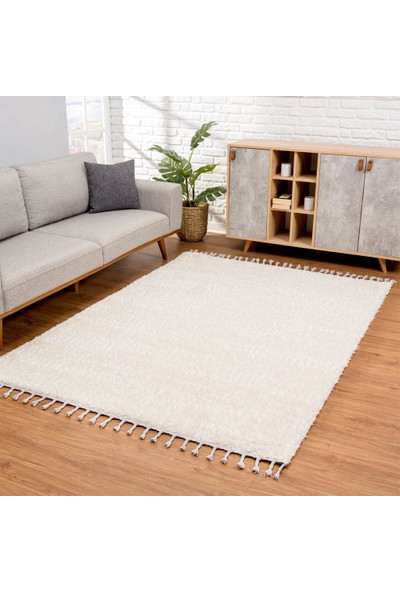 Ponciko Yumuşak Dokulu Düz Desenli Krem Renk Pulpy Shaggy Halı 80 x 150 cm