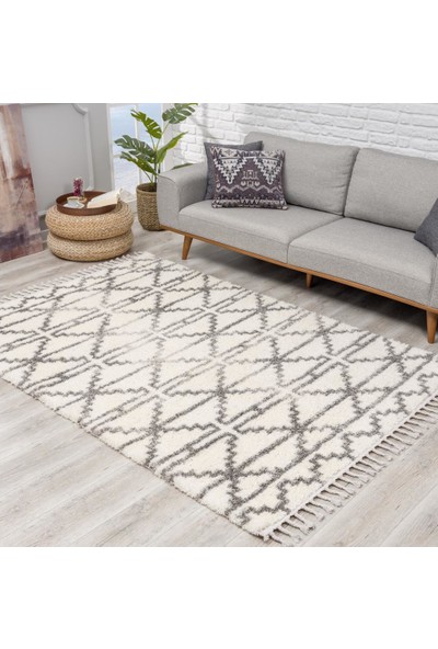 Ponciko Yumuşak Dokulu Geometrik Desenli Krem Pulpy Shaggy Halı 70 x 140 cm