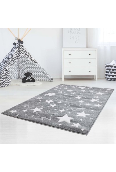 Ponciko Parlayan Yıldızlı Desenli Koyu Gri Çocuk Odası Halısı 80 x 150 cm