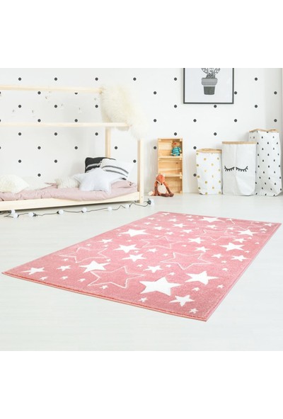 Ponciko Parlayan Yıldızlı Desenli Pembe Çocuk Odası Halısı 80 x 150 cm