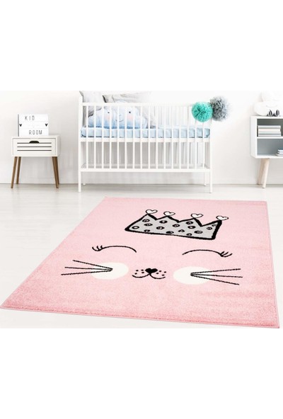 Ponciko Gülen Kedi Desenli Pembe Çocuk Odası Halısı 80 x 150 cm