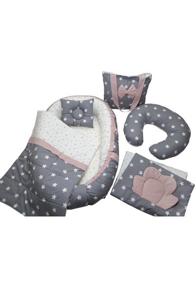 Berababy Babynest Emzirme Yastıklı Gri ve Pudra Tasarım Bebek Yuvası 6 Parça Set