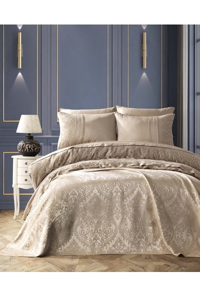 Soley Saten Dantelli Pike ve Nevresim Çeyiz Seti Royal Cappucino