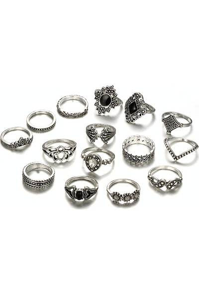 Playseba Siyah Beyaz Taşlı Antik Kaplama Eklem Yüzük Seti 15'li Playseba Siyah Beyaz Taşlı Antik Kaplama Eklem Yüzük Seti 15'li