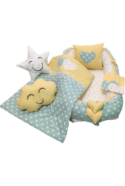 Bebekatölyesi Su Yeşili Yıldız Kalp Tasarımlı Babynest 6'lı Set Bebekatölyesi Su Yeşili Yıldız Kalp Tasarımlı Babynest 6'lı Set