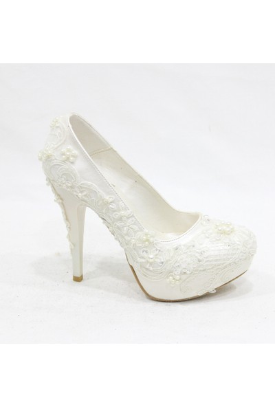 Arıcı Güpür İşlemeli Beyaz Platform Gelinlik Ayakkabısı