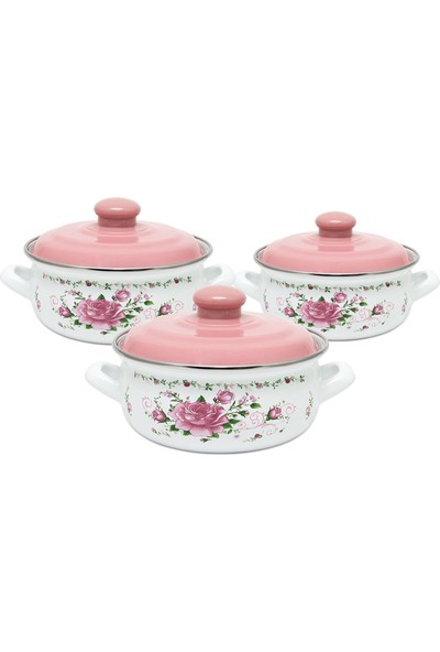 Savaşan Emaye Üçlü Mini Tencere Seti Pembe Çiçekli Savaşan Emaye Üçlü Mini Tencere Seti Pembe Çiçekli