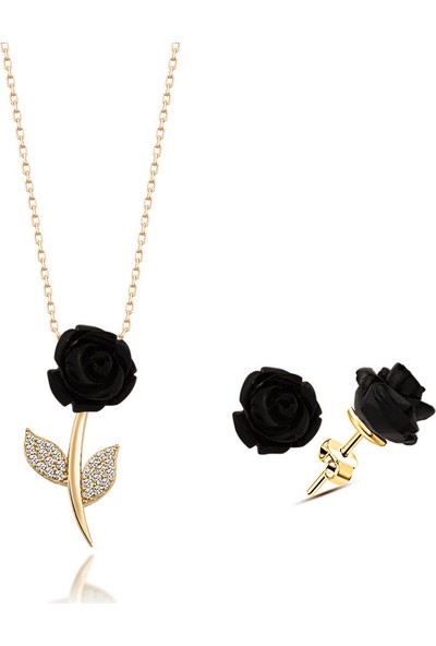 Huarz Gold Siyah Gül Gümüş Takı Seti