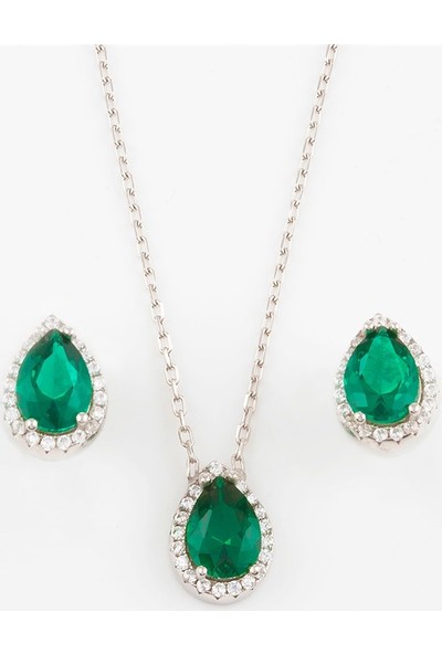 Afrodit Silver Zümrüt Renkli Damla Kolye Küpe Gümüş Set