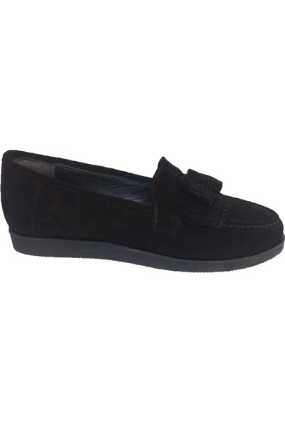Elegan Siyah Süet Loafer Püsküllü Babet Elegan Siyah Süet Loafer Püsküllü Babet