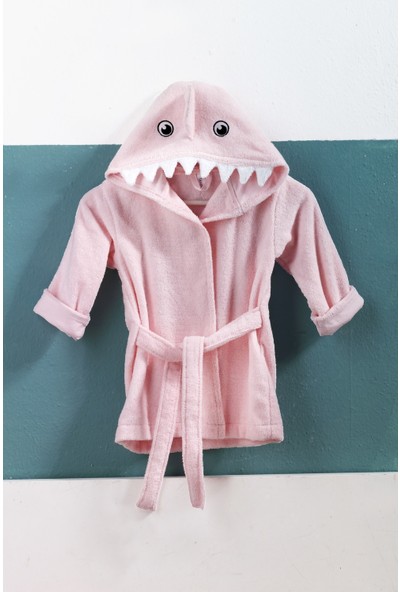 Tanem Home Pembe Dişi Köpek Balığı Çocuk Bornoz Pamuklu Nakışlı