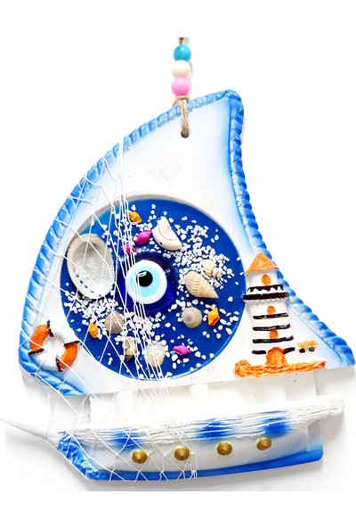 Mixperi Deniz Feneri Figürlü Nazar Boncuklu Tekne Duvar Süsü