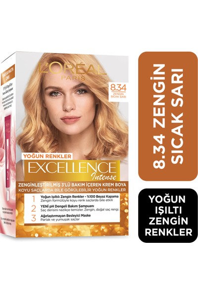 L'Oréal Paris Excellence Intense Saç Boyası 8.34 Zengin Sıcak Sarı L'Oréal Paris Excellence Intense Saç Boyası 8.34 Zengin Sıcak Sarı