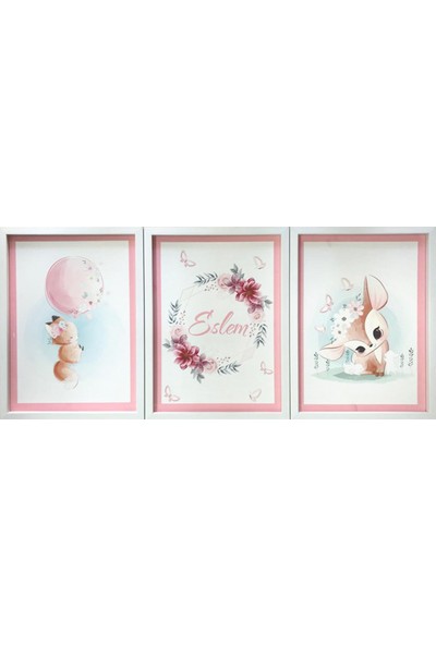 Saray Çocuk Odası İsme Özel Dekoratif 3'lü Çerçeve - Beyaz