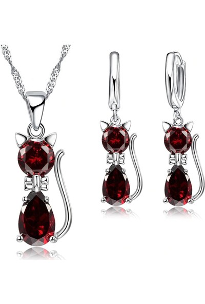 Myfavori Kırmızı Taşlı Kedi Kolye Küpe Takı Seti