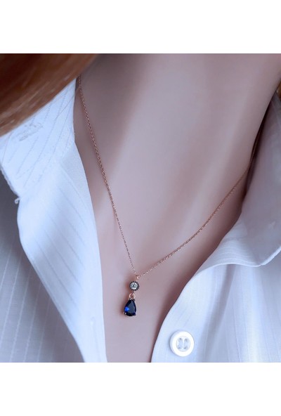Rams Gümüş Elmas Montürlü Safir Damla Ikili Takı Seti Rose Rams Gümüş Elmas Montürlü Safir Damla Ikili Takı Seti Rose