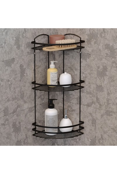 Tekno-tel 3 Katlı Banyo Duş Köşe Rafı Mat Siyah Lm009