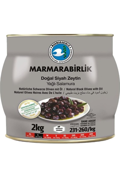 Marmarabirlik Hiper Siyah Zeytin 231-260 (S) 2Kg Salamura 1'li
