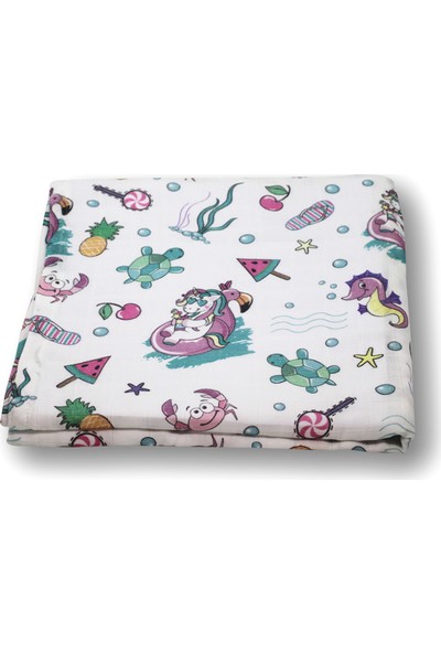 Mimiko Su Hayvanları Desenli Organik 120 x 120cm Müslin Örtü ve 30 x 30 cm Mendil