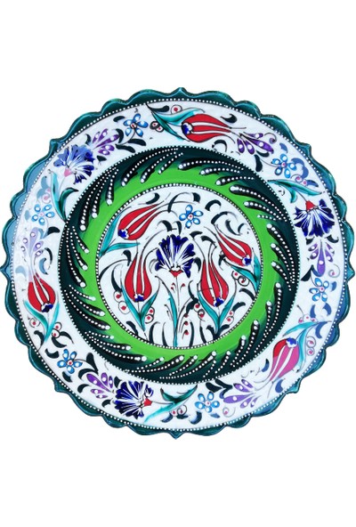 Çetin Çini El Işi Lale Desenli Yeşil Renkli 30 cm Çini Tabak