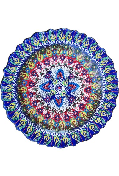 Çetin Çini El Işi Karışık Desenli Lacivert Renkli 30 cm Dantel Çini Tabak